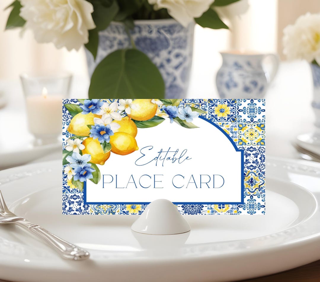 Editable Lemon Theme Place Card Tile Blue Yellow Mediterranean ...