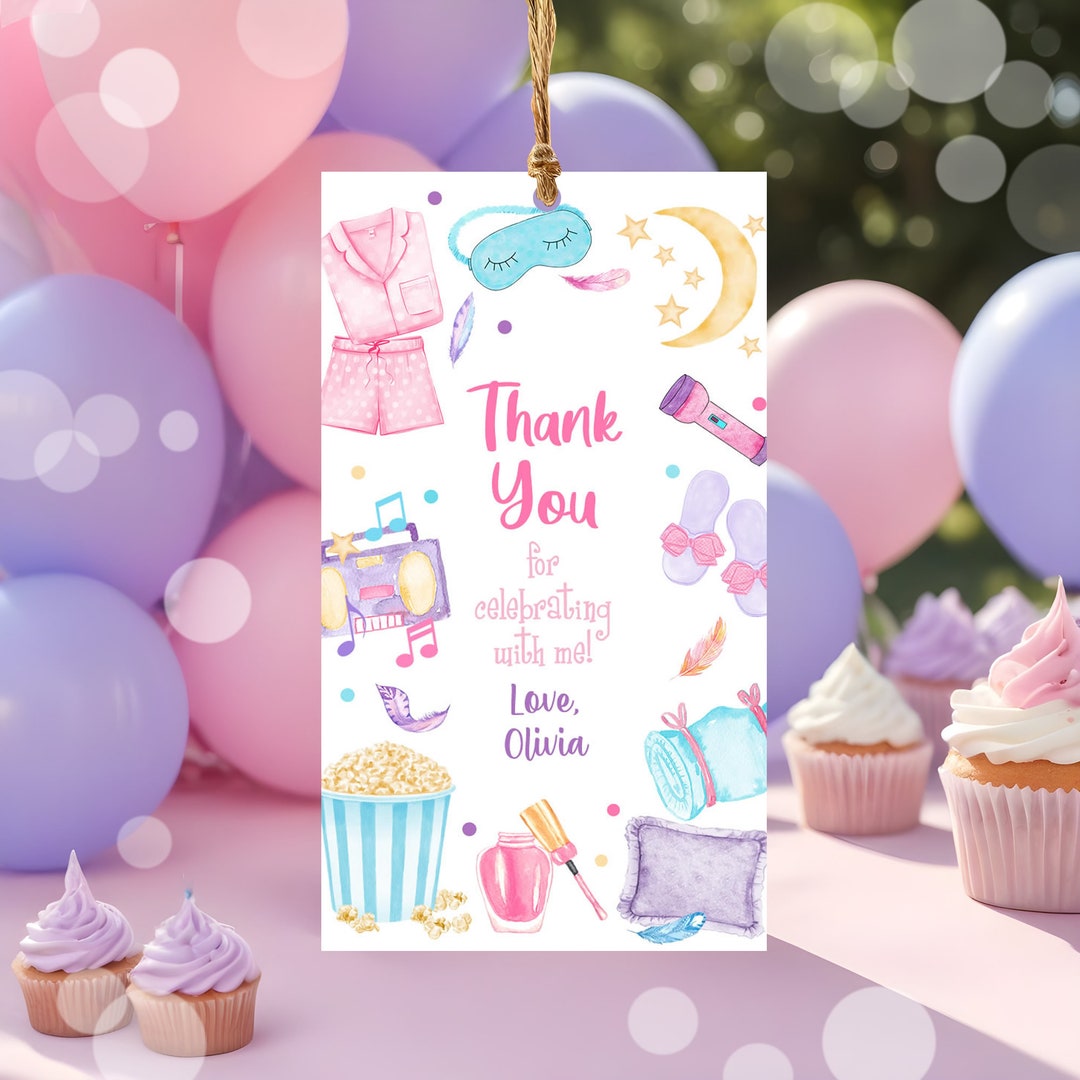 Editable Slumber Party Thank You Tag Sleepover Favor Tags Pink Girl ...