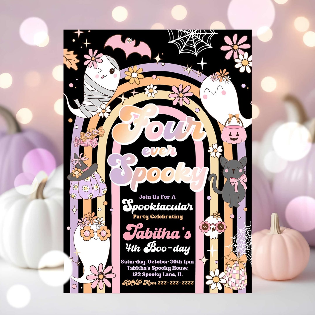 Editable Four Ever Spooky Halloween Ghost 4th Birthday Invitation Retro ...