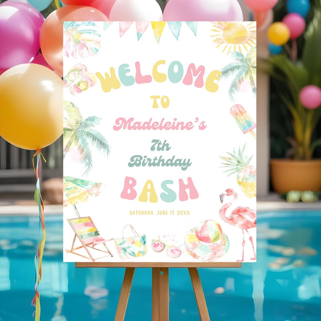 Editable Pool Splash Welcome Sign Pastel Tropical Pool Party Welcome ...