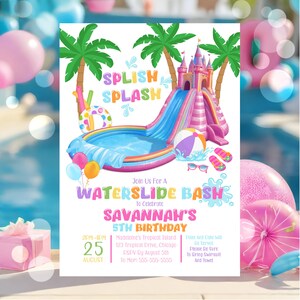 Rainbow Castle Water Slide Birthday Splash Party Invitation Pink Castle ...