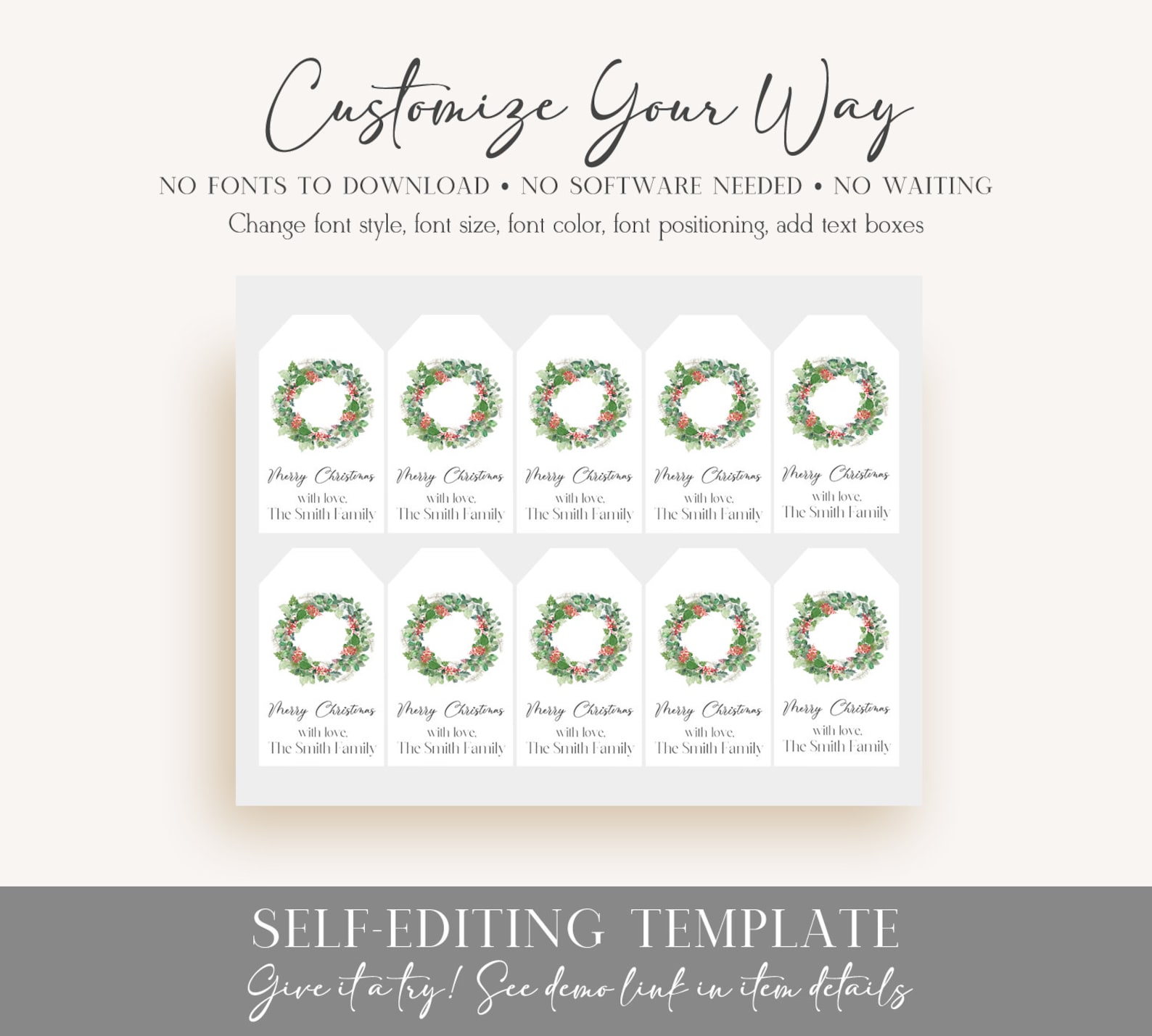 Christmas Wreath Tag Template Rustic Christmas Gift Tags - Etsy