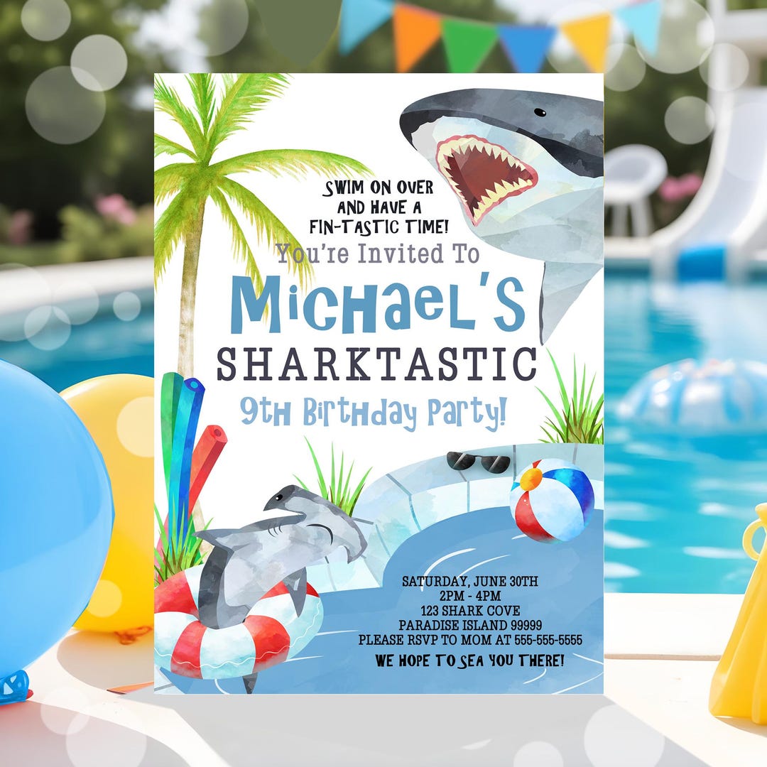 Shark Birthday Invitation Shark Invitations Shark Invites Pool Party ...