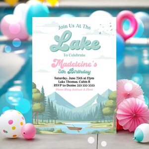 Girl's Lake Birthday Party Invitation Template Pink Boat Lake Birthday ...