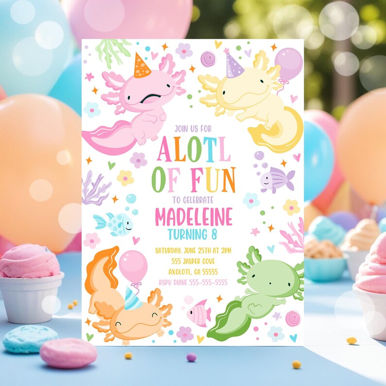 Editable Axolotl Birthday Invitation Template Canva Template Under the ...