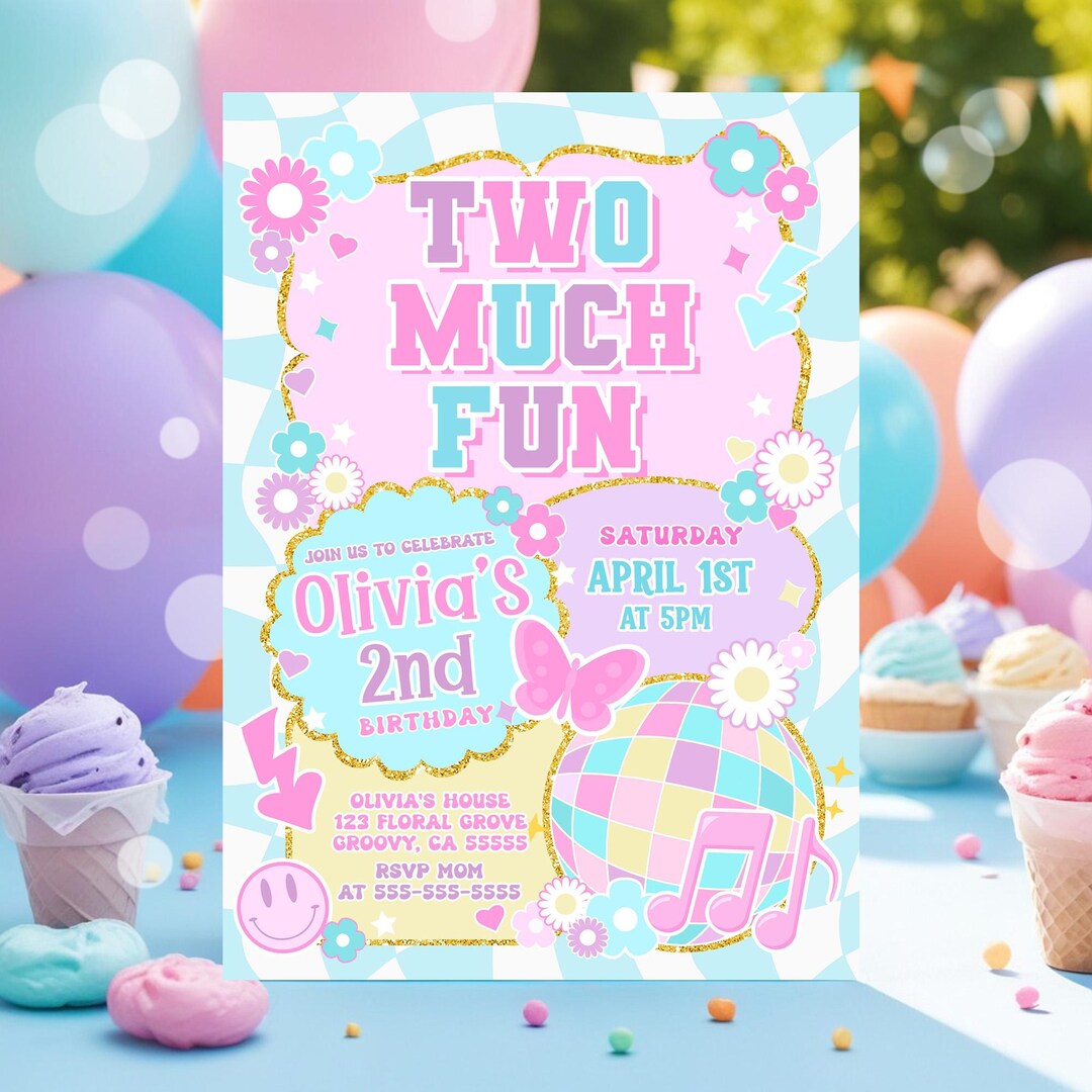 Editable Two Much Fun 2nd Birthday Party Invitation Varsity Fashion ...