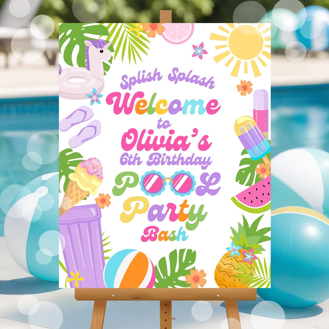 Editable Pool Party Welcome Sign Tropical Splish Splash Unicorn Pool ...
