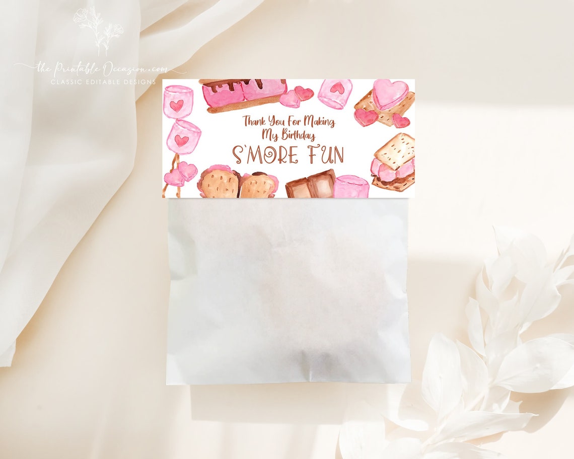 EDITABLE Smores Bag Toppers Girls Pink Smores Treat Bag Topper - Etsy