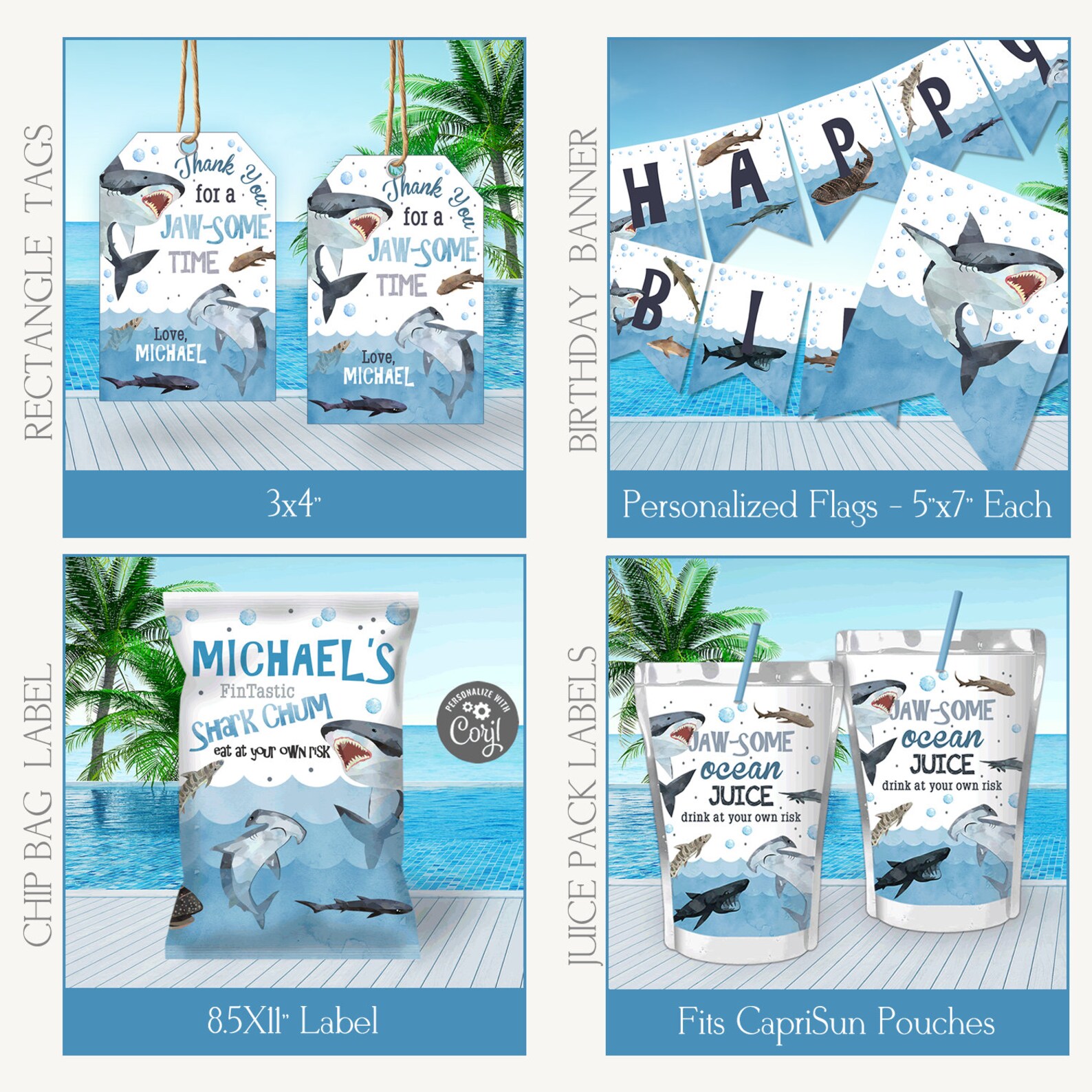 EDITABLE Shark Birthday Invitation Bundle Printable Shark Pool Party ...