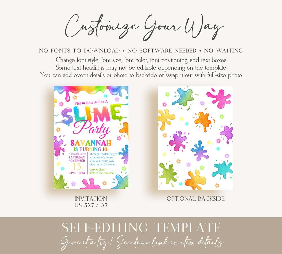 Editable Slime Invitation Glow Slime Party Invitation Template Slime ...