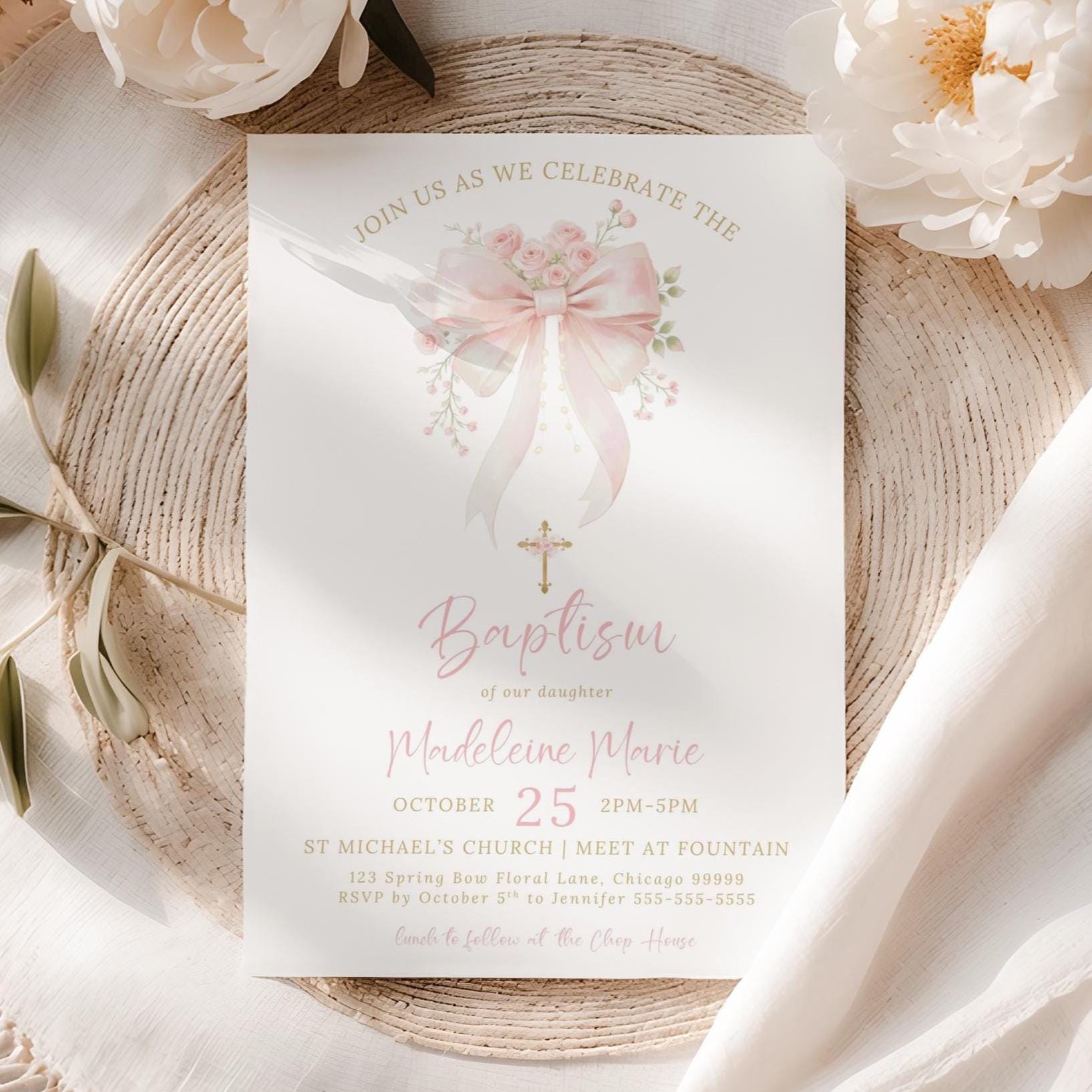 Girls Baptism Invitation Template Elegant Floral Pink Bow Coquette ...