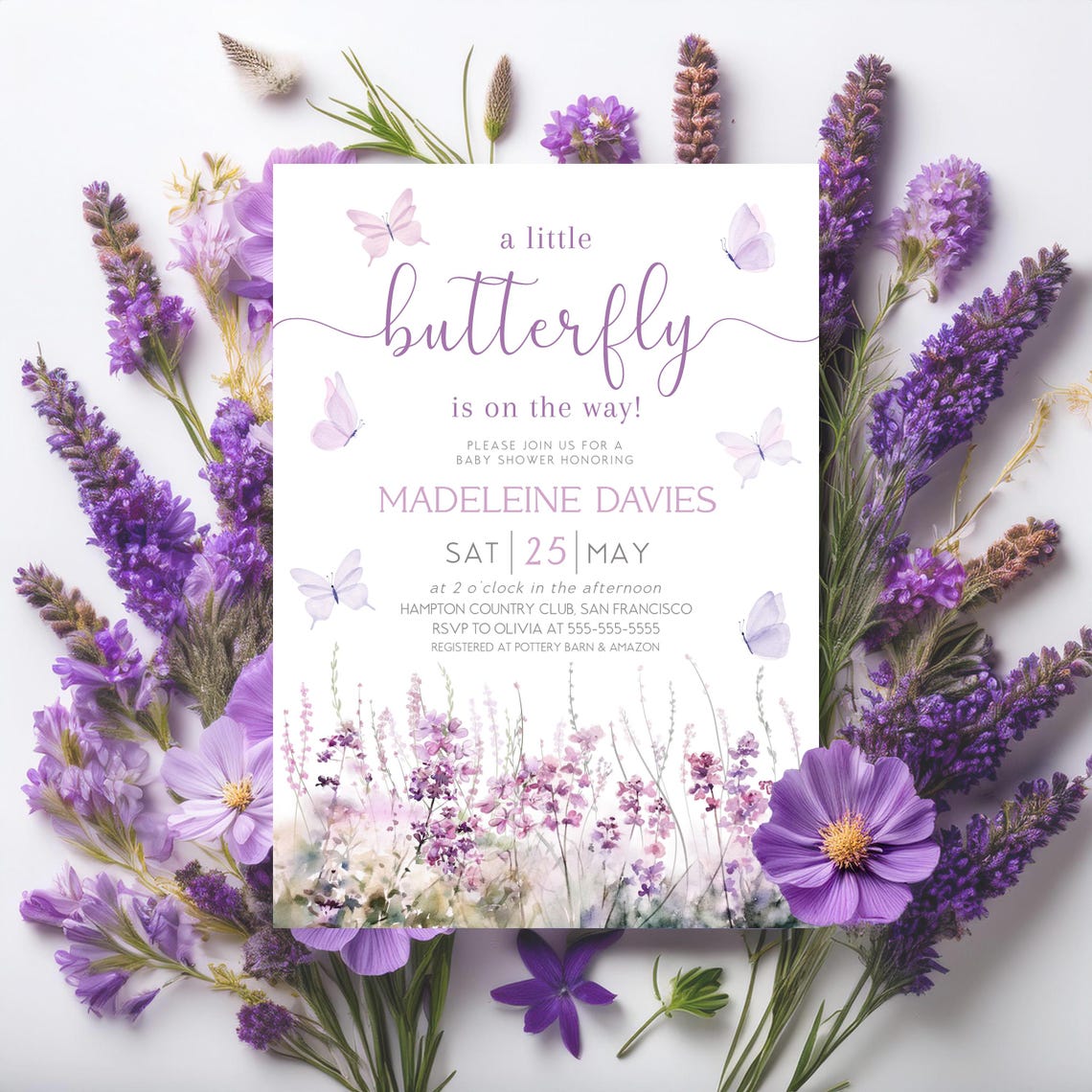 Lavender Baby Shower Invitation Purple Floral Butterfly Baby Shower ...
