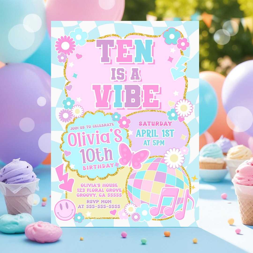 Editable Tenth is A Vibe Preppy 10th Birthday Party Invitation Groovy ...