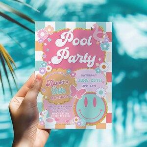 Editable Checkered Smiley Face Pool Party Birthday Invite Groovy Retro ...