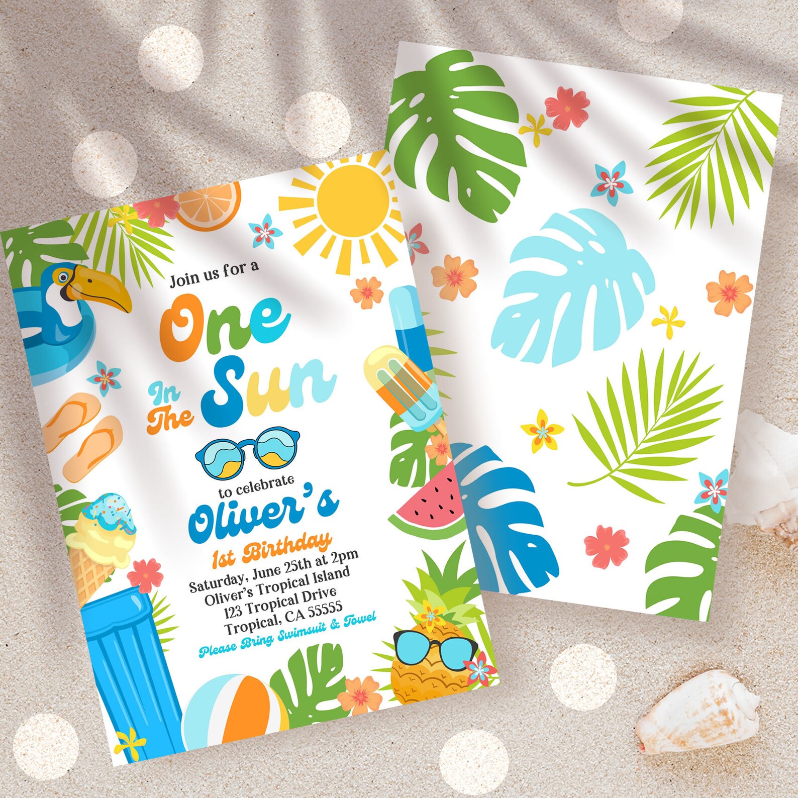 Editable One in the Sun 1st Birthday Party Invitation Tropical Summer ...