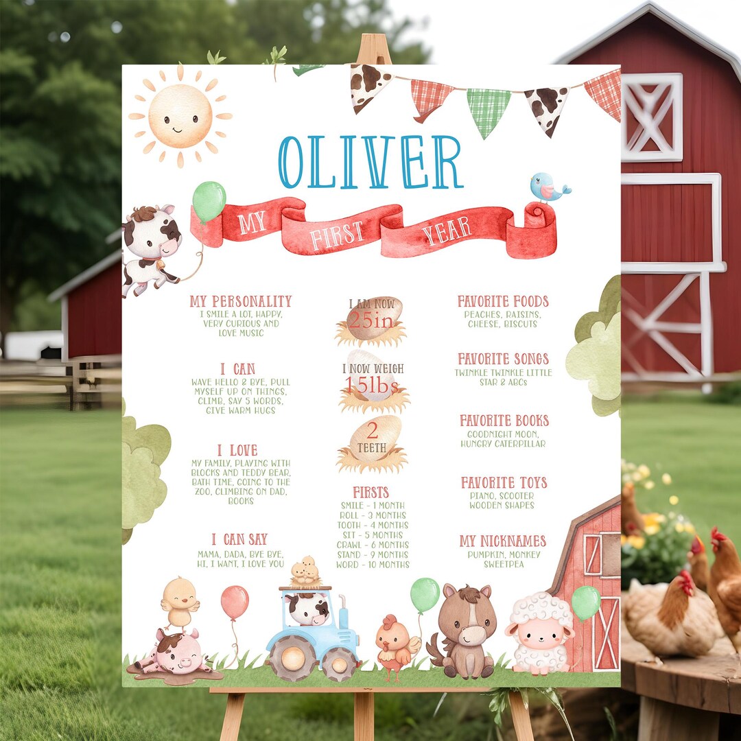 Editable Farm Animals Birthday Milestone Sign Boy Red Farm Birthday ...