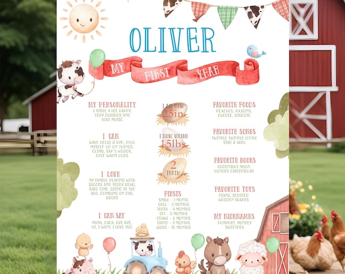 Editable Farm Animals Birthday Milestone Sign Boy Red Farm Birthday ...