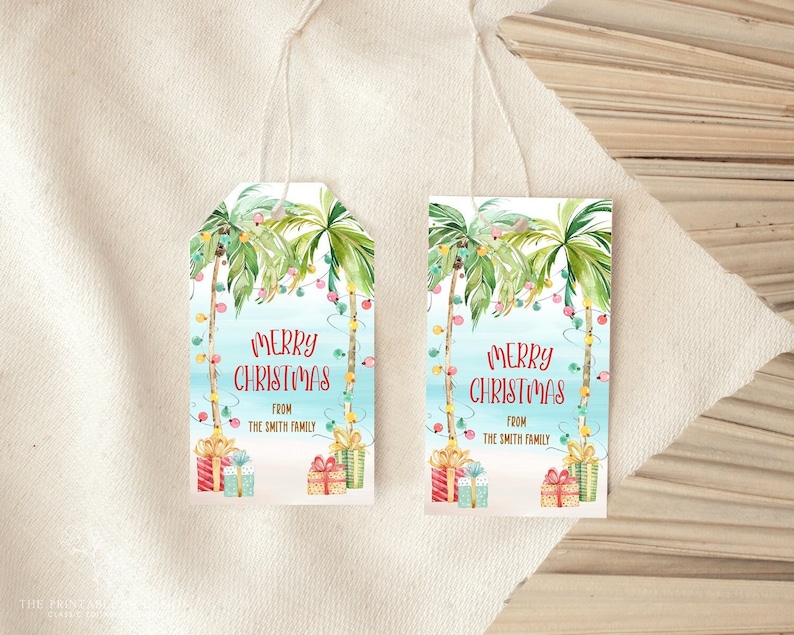 Tropical Christmas Gift Tag Editable Tropical Palm Tree Beach Favor Tag ...