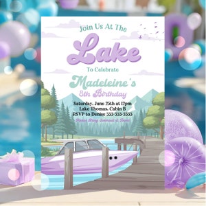 Girl's Lake Birthday Party Invitation Girl's Purple Boat Lake Birthday ...