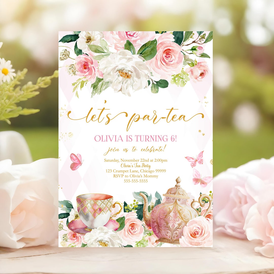 EDITABLE Tea Party Birthday Invitation Pink Butterfly Floral Tea Party ...