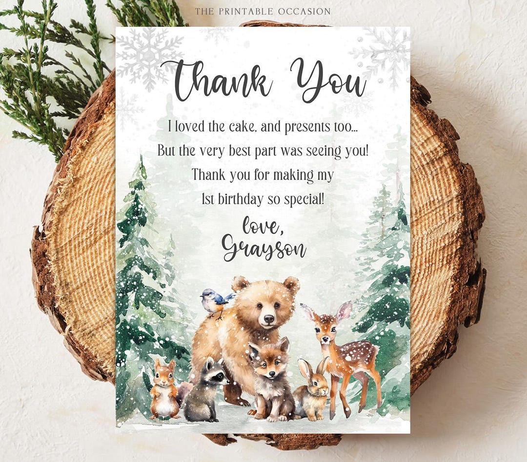 Winter Woodland Thank You Card Editable Woodland Animals Thank You Card ...