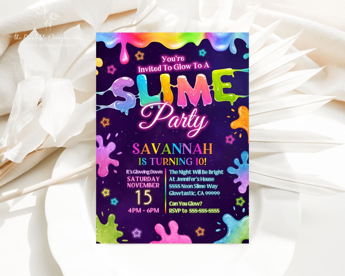 Editable Slime Invitation Glow Slime Party Invitation Template - Etsy