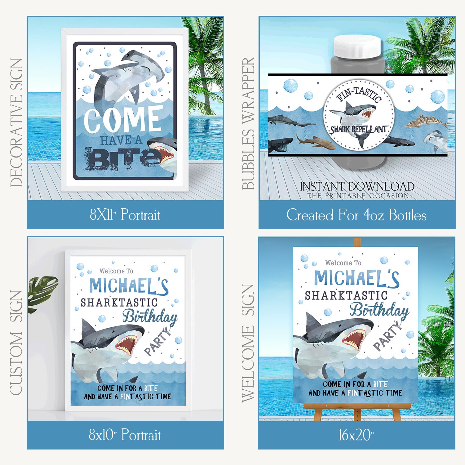 EDITABLE Shark Birthday Invitation Bundle Printable Shark Pool Party ...