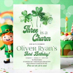 Three is A Charm Birthday Invitation Editable St Patricks Third ...