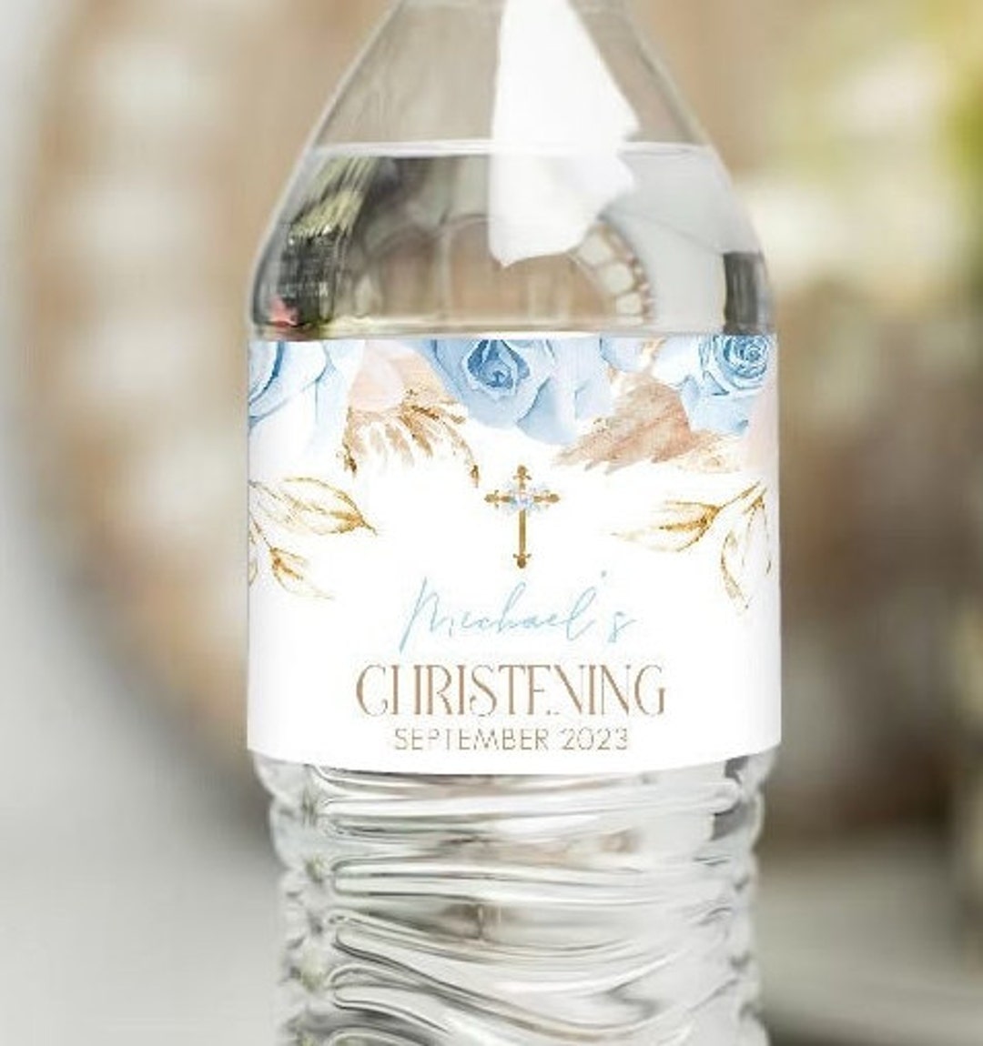 Blue Christening Water Bottle Label, Boho Baptism Water Label ...