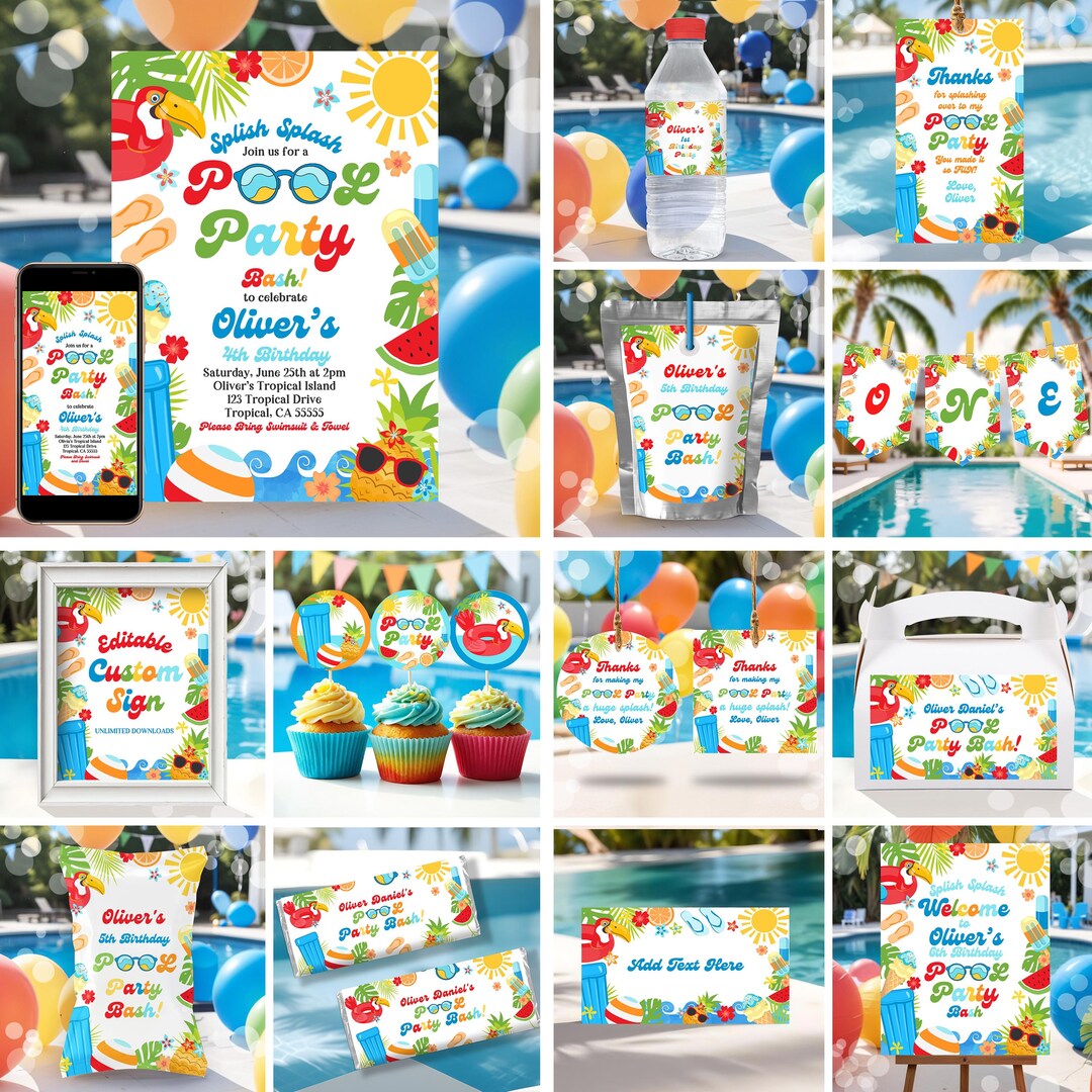Boys Pool Party Birthday Invitation Bundle Tropical Splish Splash Red ...