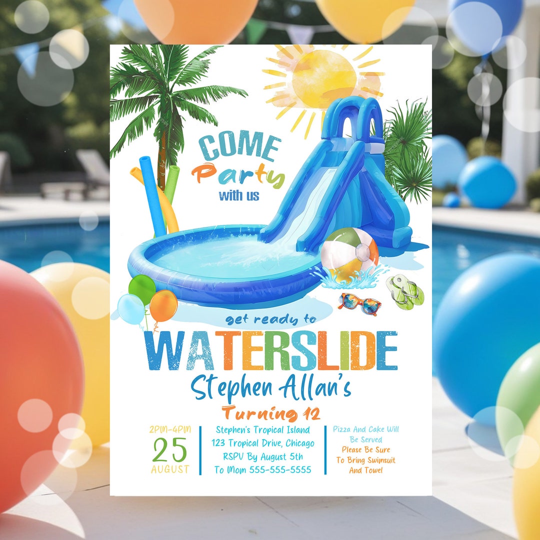 Boy's Water Slide Birthday Party Invitation Birthday Blue Tropical ...