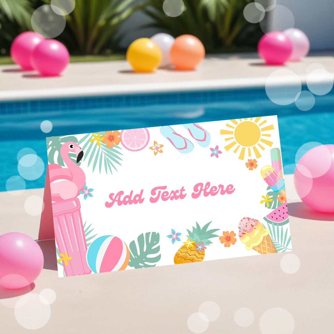 Editable Pool Party Folded Tent Cards Tropical Splish Splash Girly Pool ...