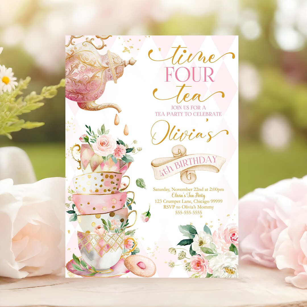 Time Four Tea 4th Birthday Party Invitation Editable Tea Party ...