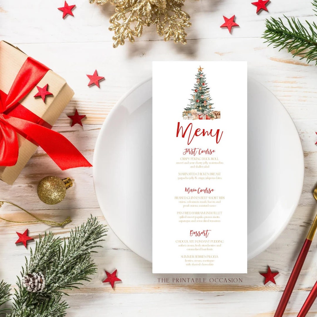 Christmas Tree Menu Card Template Red Gold Holiday Card Christmas Tree ...