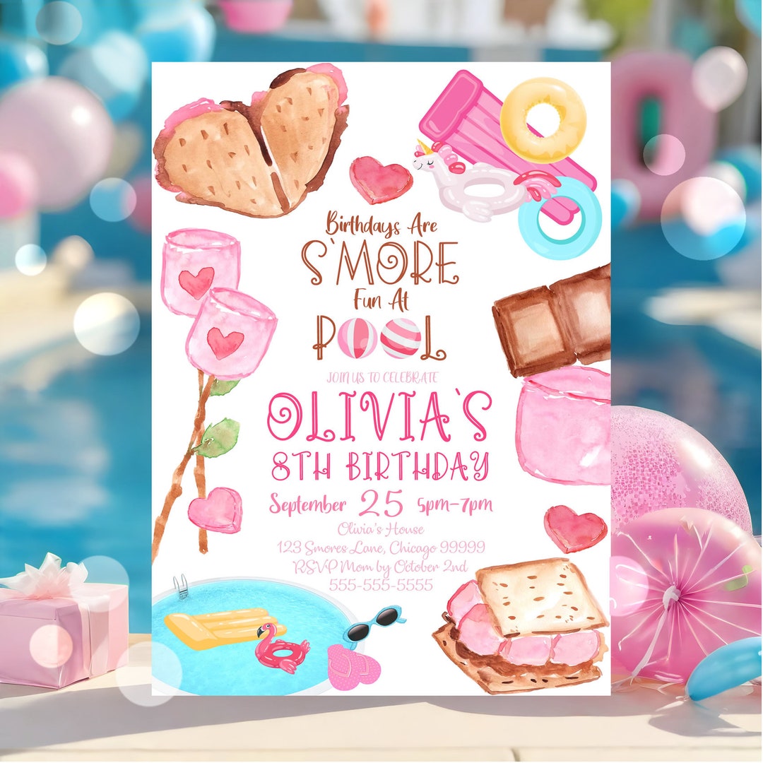 Girl's Smores Swim Party Invitation S'mores Birthday Invite Smores Pool ...