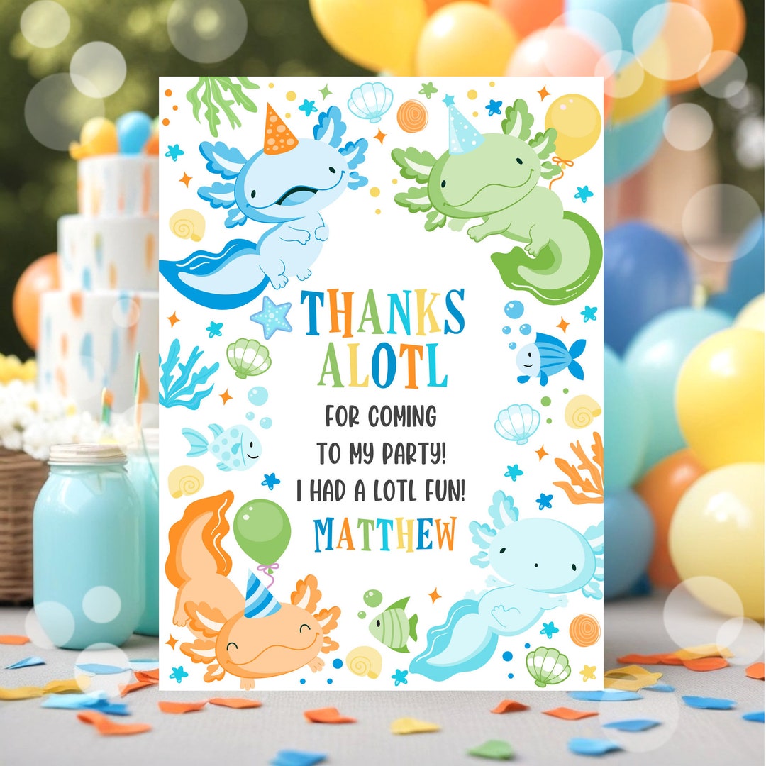 Editable Axolotl Thank You Card Axolotl Birthday Party Thank You Cute ...