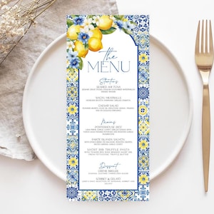 Blue Tiles Lemon Wedding Menu Template Editable Italian Reception Menu ...