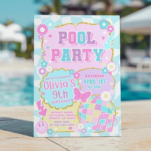 Editable Pool Party Invitation Girl Groovy Retro Birthday Invite Tween ...
