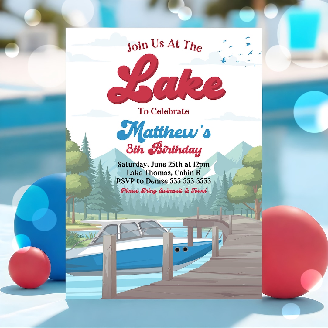 Boy's Editable Lake Birthday Party Invitation Blue Boat Lake Birthday ...