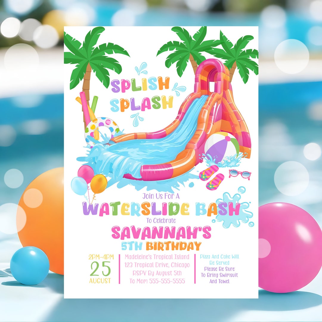 Editable Water Slide Birthday Splash Party Invitation Pink Orange ANY ...