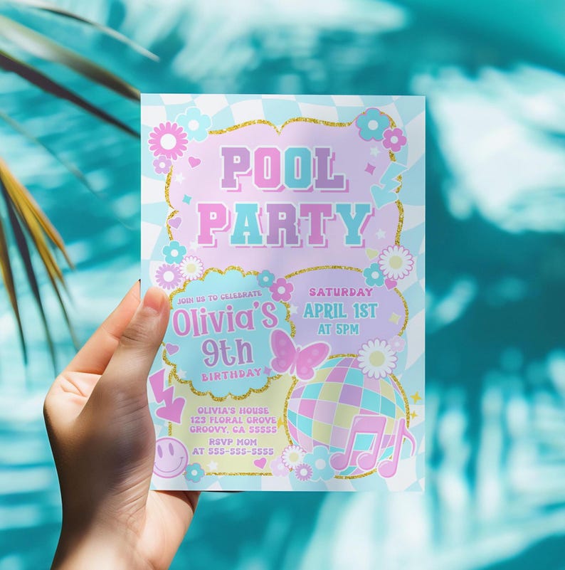 Editable Pool Party Invitation Girl Groovy Retro Birthday Invite Tween ...