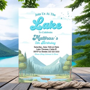 Editable Boy's Lake Birthday Party Invitation Blue Boat Lake Birthday ...