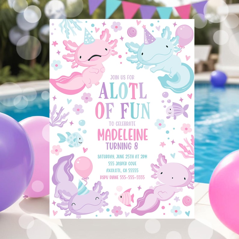 Editable Axolotl Birthday Party Invitation Cute Axolotl Lake Birthday ...