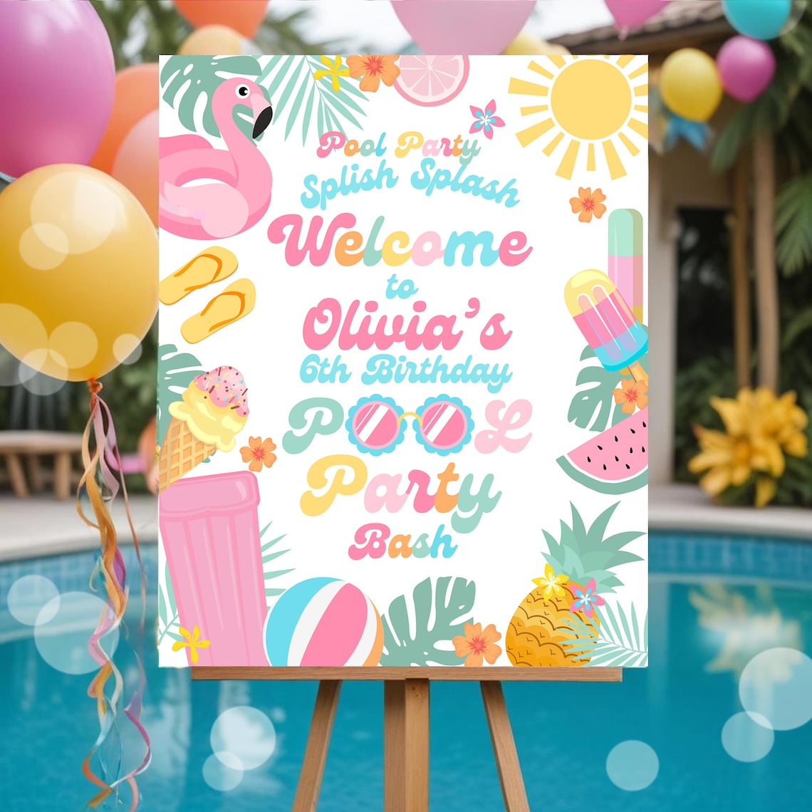Editable Pastel Pool Party Welcome Sign Tropical Splish Splash Girly ...