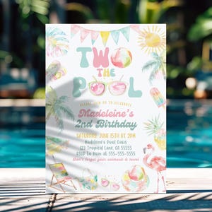 Editable Two the Pool 2nd Birthday Pool Party Invitation Girl Pink Mint ...