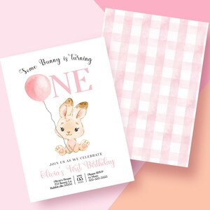 Pink Minimalist Easter Bunny Birthday Invitation Girl Some Bunny ...