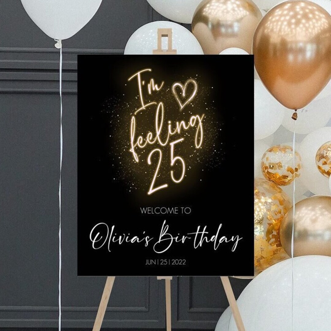 25th Birthday Party Welcome Sign Template Printable Gold Neon Sparkle ...
