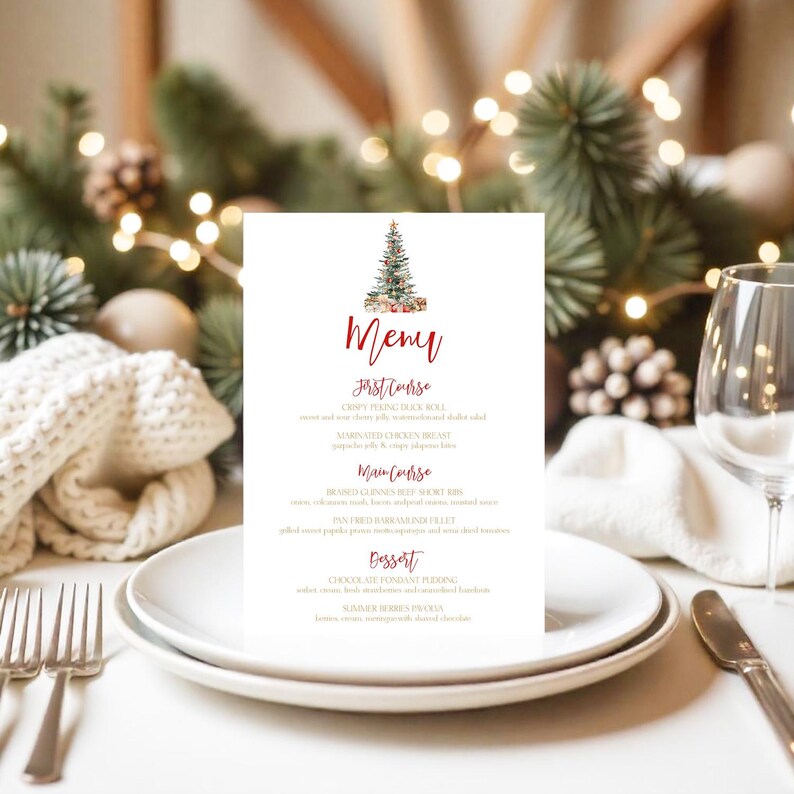 Christmas Tree Menu Card Template Red Gold Holiday Card Christmas Tree ...
