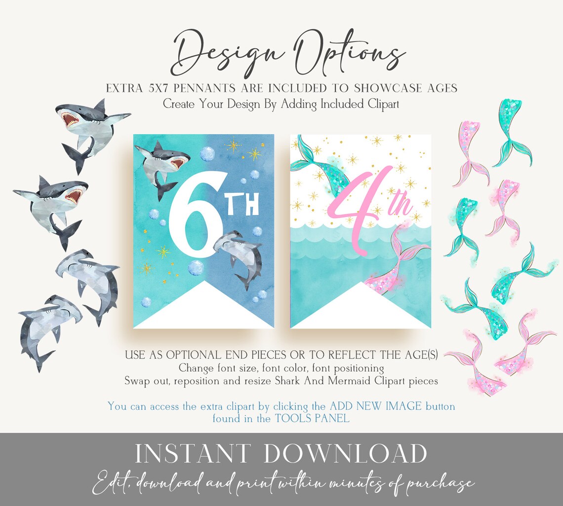 EDITABLE Shark and Mermaid Birthday Banner Printable Sharks - Etsy