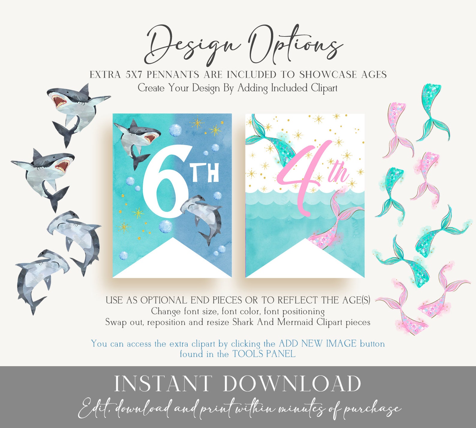 EDITABLE Shark and Mermaid Birthday Banner Printable Sharks - Etsy